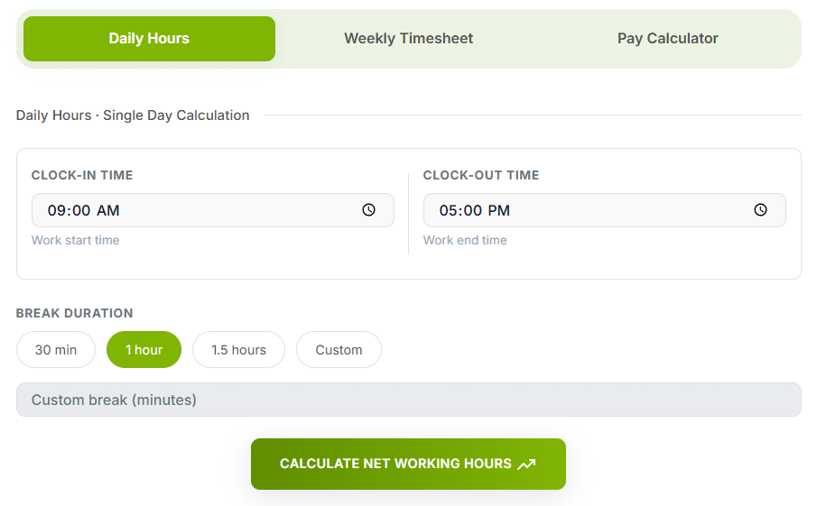 Free Work Hours Calculator | Daily, Weekly & Pay In Seconds