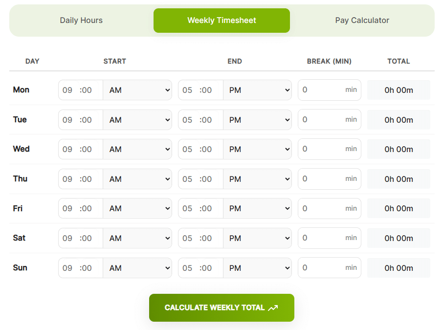Free Work Hours Calculator | Daily, Weekly & Pay In Seconds